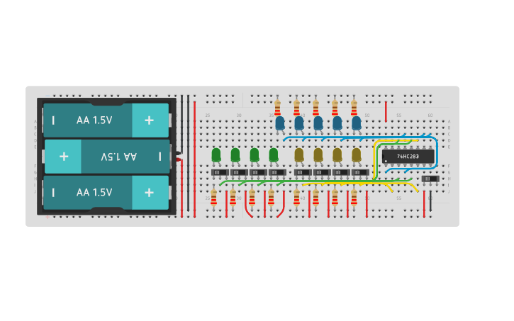 Circuit design 4-bit Adder with switches and LEDs - Tinkercad