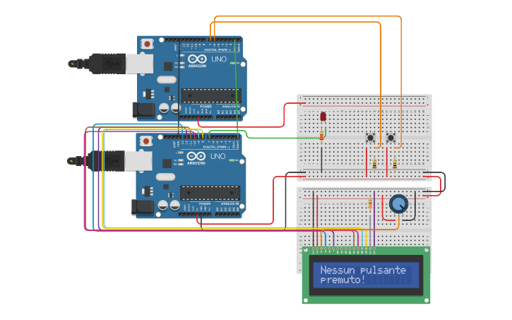 Circuit design Comunicazione seriale tra due Arduini | Tinkercad