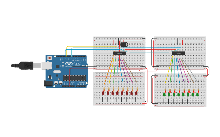 Circuit design Using a Shift Register - Dual Binary Counters - Tinkercad