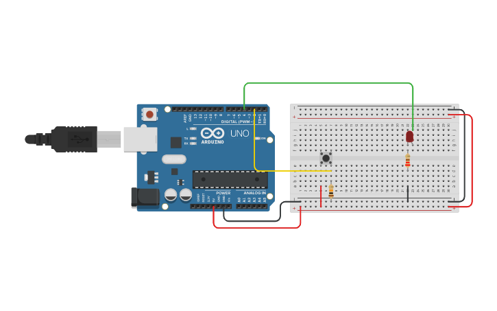 Circuit design Make an LED flicker when you press a button - Tinkercad