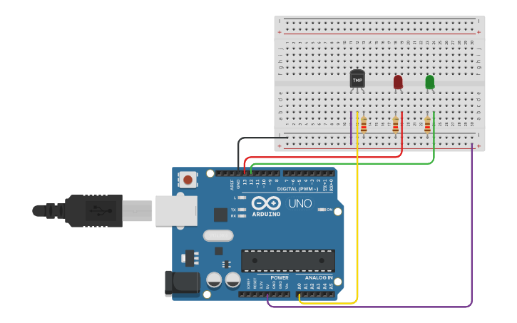 Circuit design Sensor de temperatura con dos leds - Tinkercad