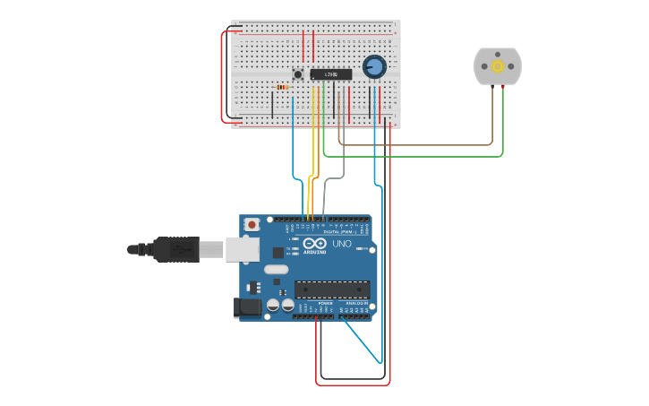 Circuit design Start stop and Control speed DC motor L293D IC from Arduino. - Tinkercad
