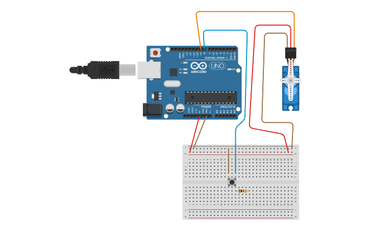 Circuit design SERVO MOTEUR BUTTON POUSSOIR - Tinkercad