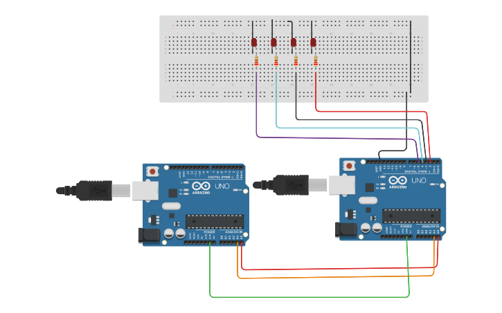 Circuit design Protocolo Comunicación entre dos Arduinos - Tinkercad