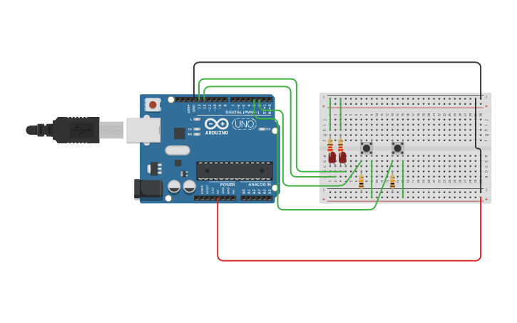 Circuit design A: 2 pushbuttons and leds - Tinkercad