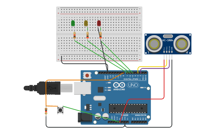 Circuit design ejemplo LEDs y pulsador y ultrasonido - Tinkercad