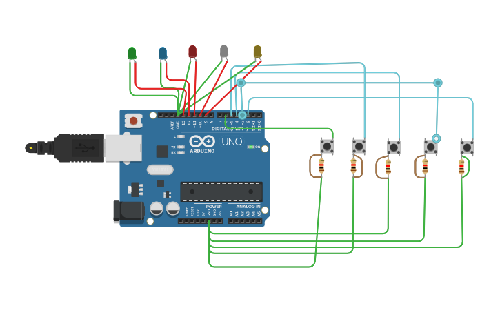 Circuit Design 5 Leds With 5 Pushbuttons Tinkercad