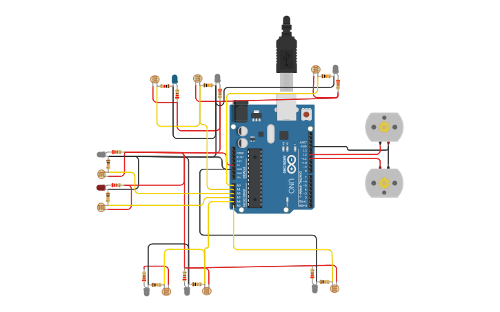 Circuit design Mobile Robot - DC motors + 8 IR sensors | Tinkercad