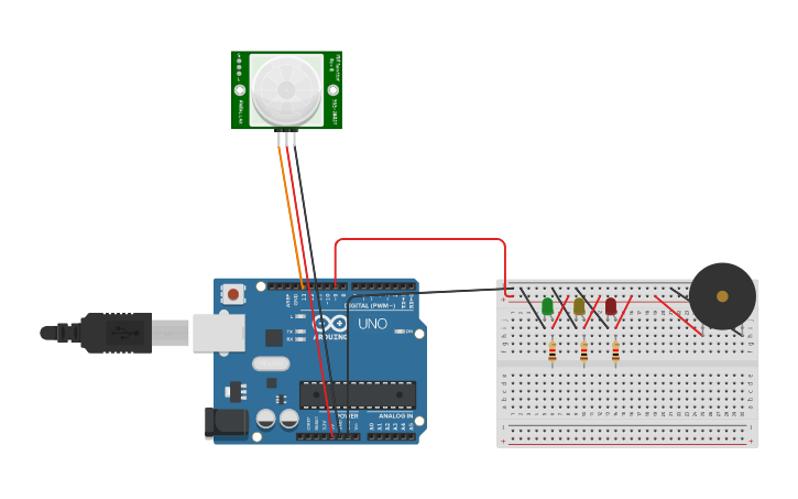 Circuit design motion sensor with LEDS - Tinkercad