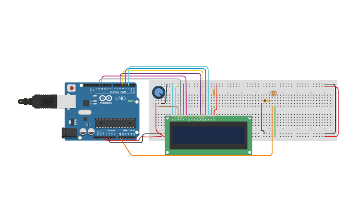 Circuit design DISPLAY LCD 16X2 Y LDR | Tinkercad
