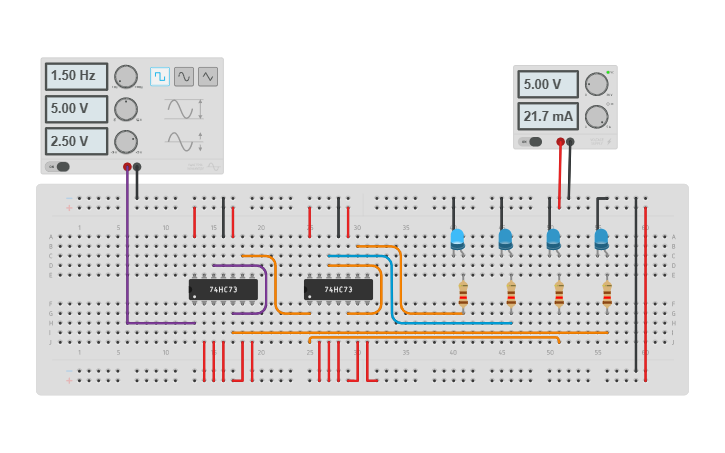 Circuit design 4 bit ripple Counter using jk flip flop - Tinkercad