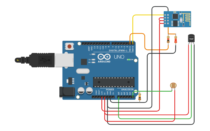 Circuit design Temp And LightSensor | Tinkercad