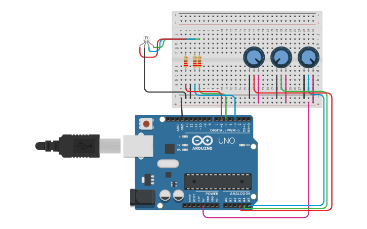 Circuit design Led RGB com potenciômetros | Tinkercad