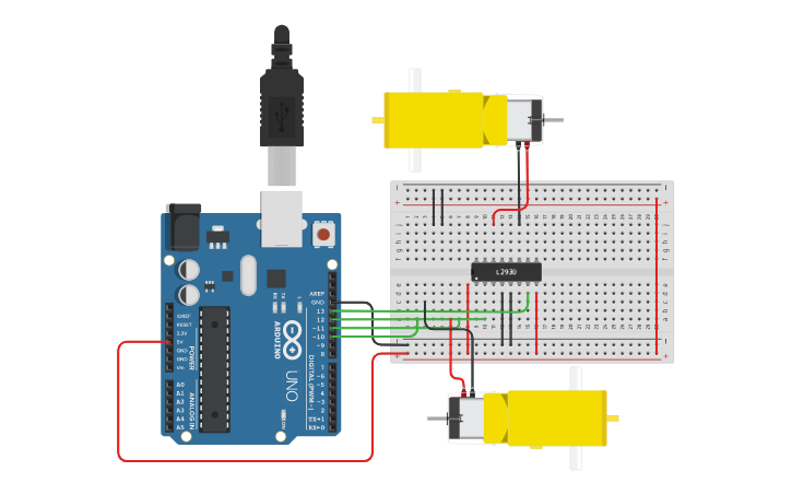 Circuit design Practica #2 controlador de 2 motores - Tinkercad