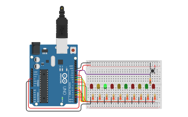 Circuit design Leds controlados por pulsador - Tinkercad