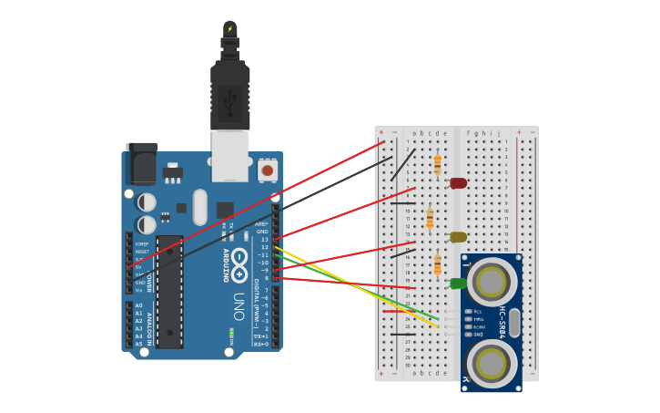 Circuit design ultrasonic sensor w/led - Tinkercad