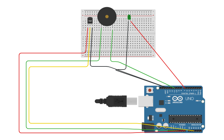 Circuit design LM35, LED Y BUZZER - Tinkercad