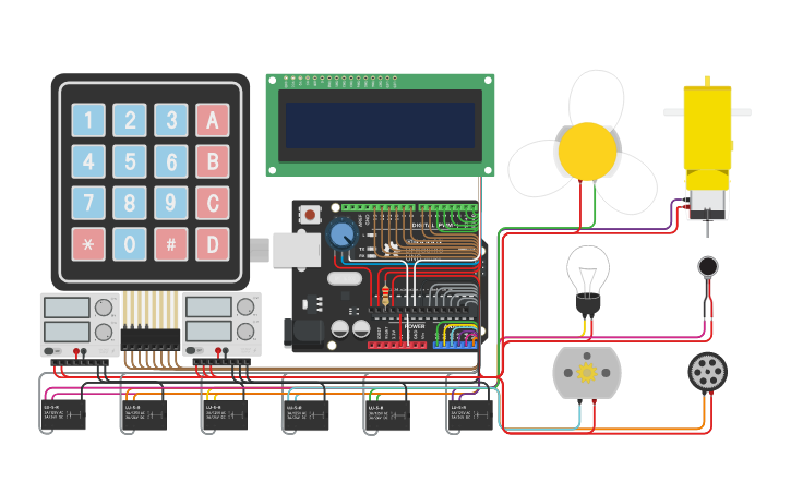 Circuit design KEYPAD 4X4 = MOTORS CONTROL - Tinkercad