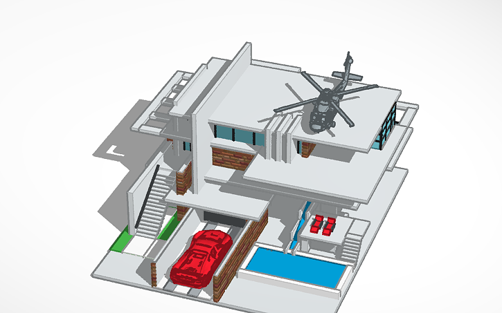 3D design Mansion/house with cars and helicopter - Tinkercad