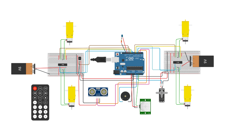 Circuit design Four motors with IR remote - Tinkercad