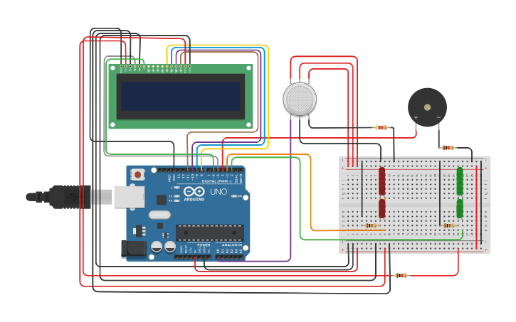 Circuit design Smoke detection System using Arduino and LCD with alert system - Tinkercad