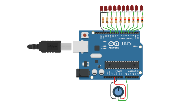 Circuit design Copy of Knight Rider LED Chaser | Tinkercad