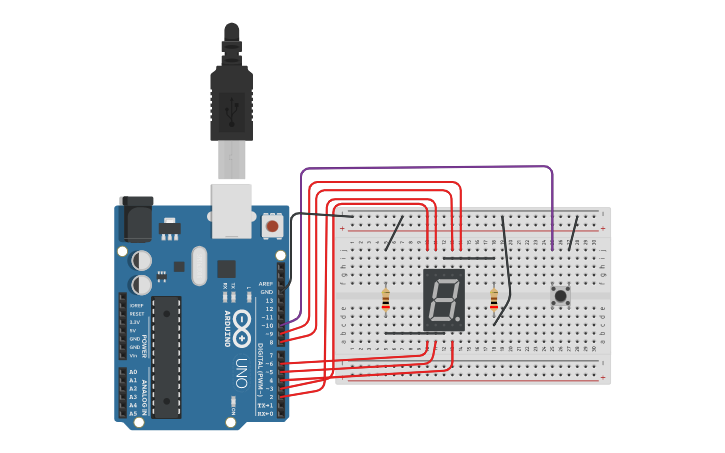 Circuit design 7 segment counter using push button - Tinkercad