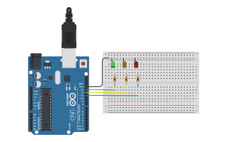Circuit design THREE LED BLINK - Tinkercad