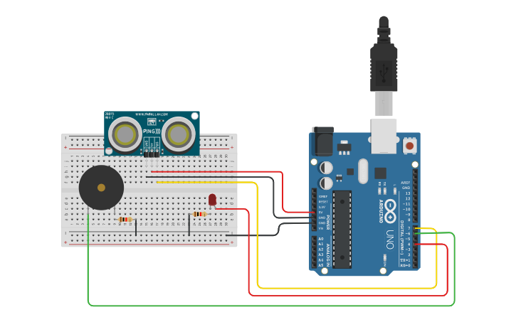 Circuit design Κατασκευή κυκλώματος Arduino με Sonar sensor, LED και Piezo | Tinkercad