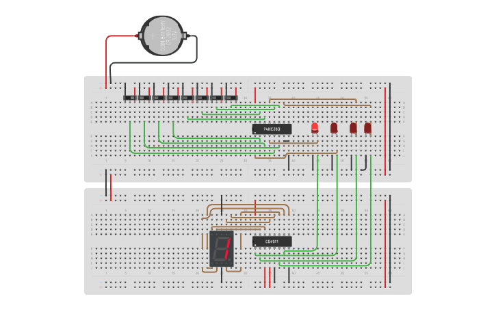 Circuit design Activity #7 - 4-BIT ADDER WITH 7-SEGMENT - Tinkercad