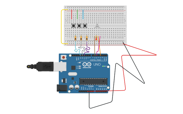 Circuit design trabalho tinkercad LED RGB 3 BOTOES | Tinkercad