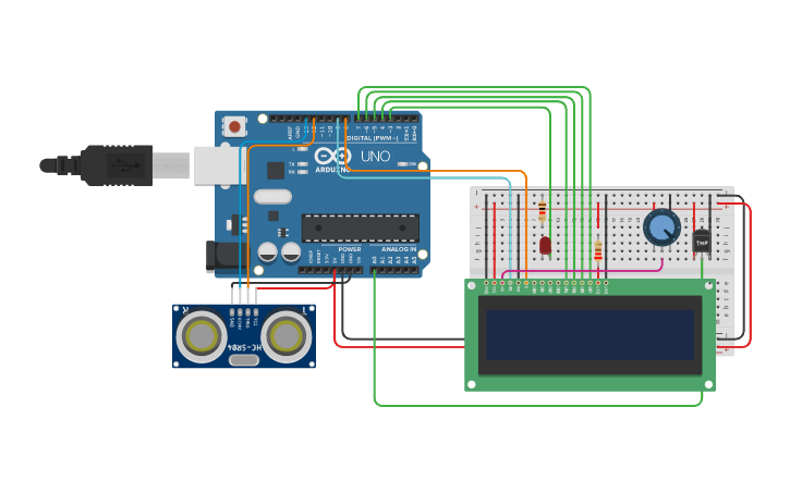 Circuit design LCD Display Sonar Distance and Temperature LED - Tinkercad