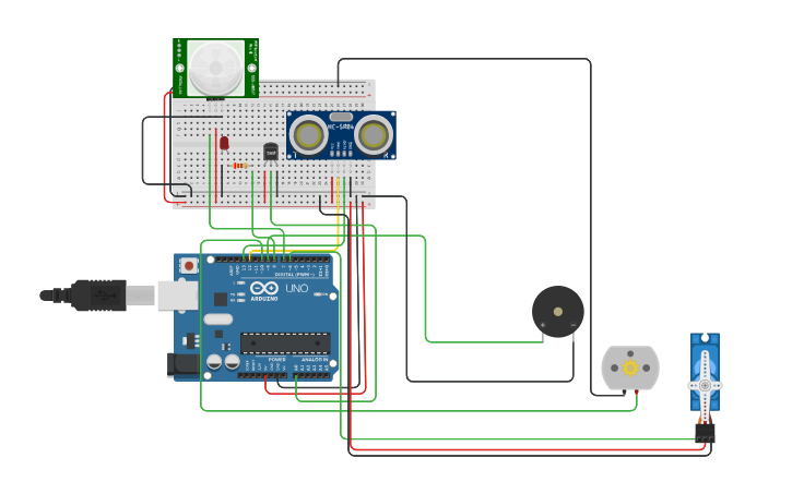 Circuit design Arduino Ultrasonic LED Piezo Temp36 DC motor PIR Servo ...