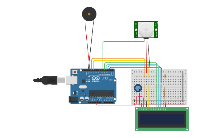 Circuit design Pir sensor and LCD - Tinkercad