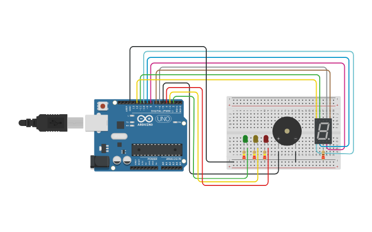 Circuit design Traffic control with 7 segments - Tinkercad