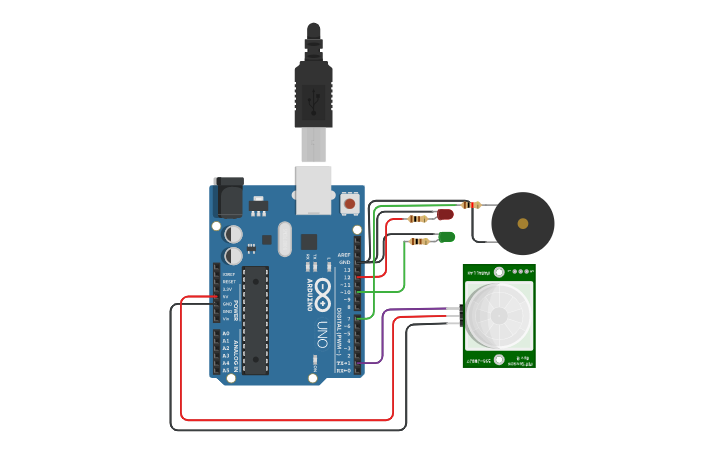 Circuit design Sensor + LED + Sound - Tinkercad