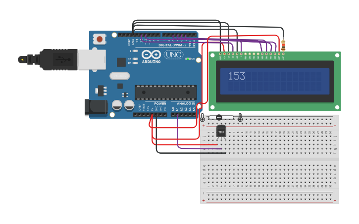 Circuit design temp sensor on LCD - Tinkercad