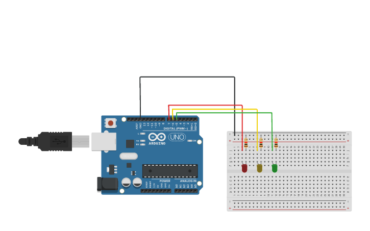 Circuit design circuito 7 semaforo acionamento 3 leds arduino | Tinkercad