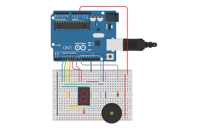 Circuit design Display 7 Segmentos - Crescente e Buzzer Decrescente | Tinkercad