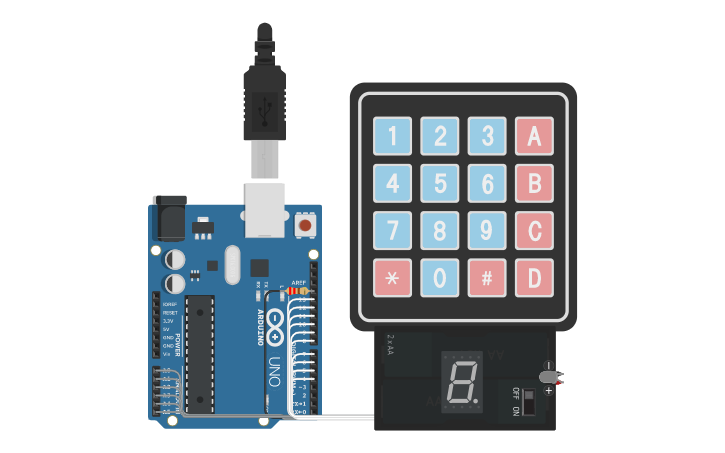 Circuit design KEYBOARD = 7 SEGMENT DISPLAY - Tinkercad