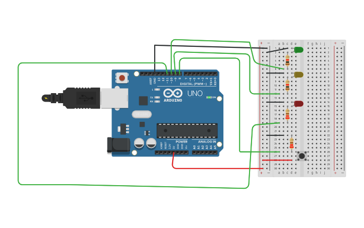 Circuit design Switch and 3 LEDs - Tinkercad