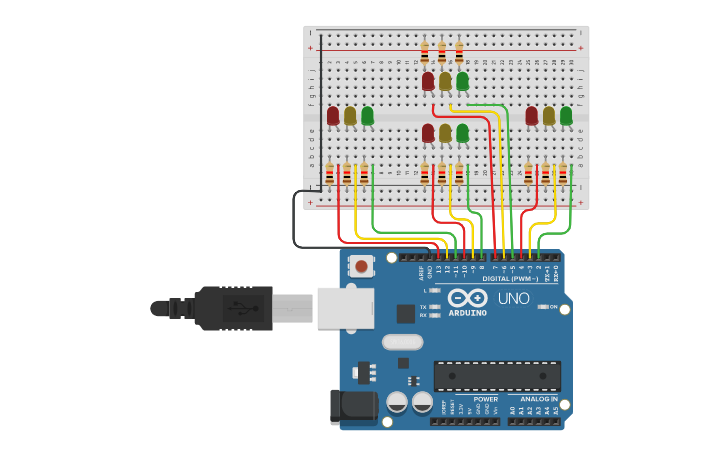 Circuit design 4-way traffic light - Tinkercad