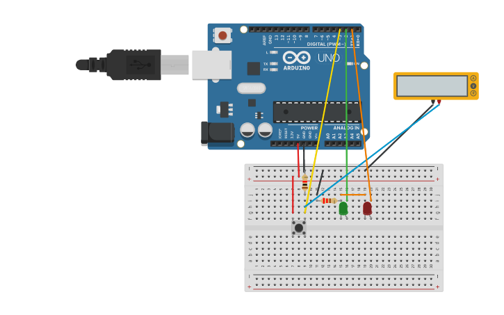 Circuit design PULSADOR_Y_LED_2_LEDS | Tinkercad
