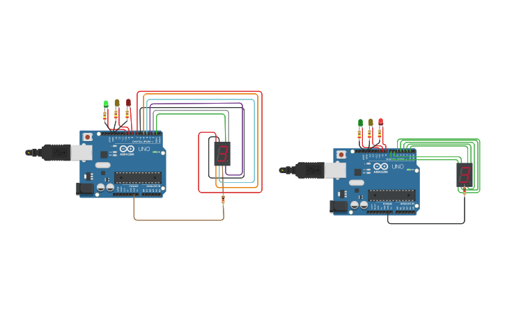 Circuit design Semáforo duplo | Tinkercad