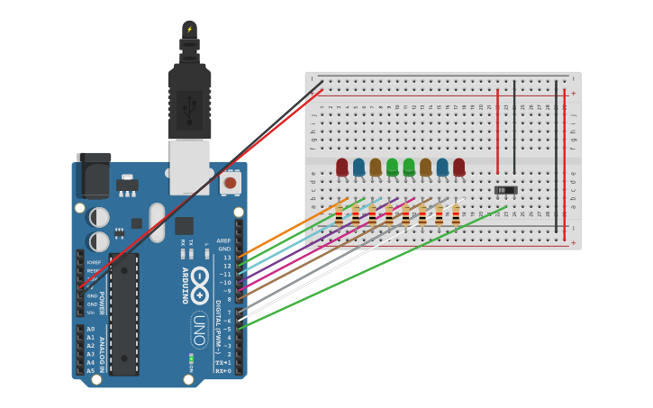Circuit design Left to right and right to Left pattern (8 LEDS) - Tinkercad