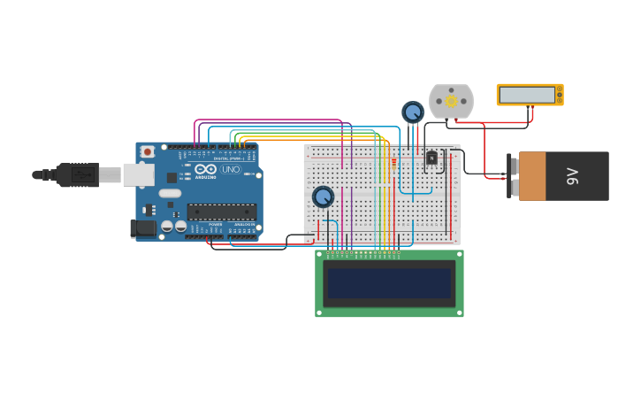 Circuit design LCD displejs DC motors - Tinkercad