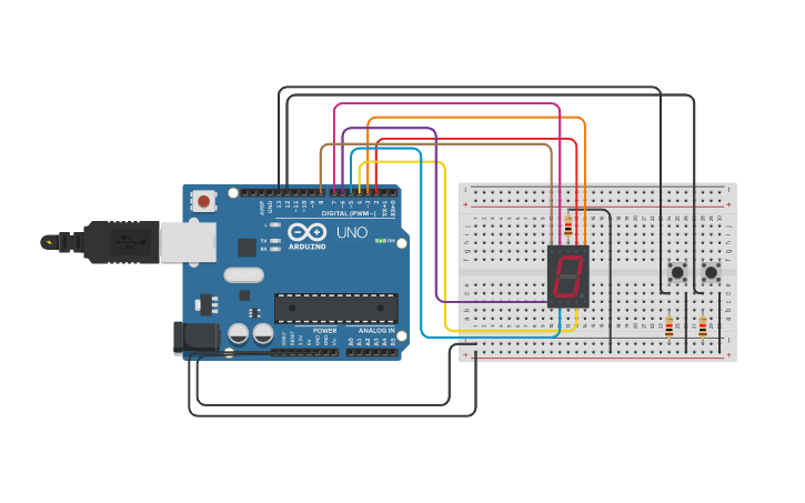 Circuit design Display 7 segmenti up/down - Tinkercad