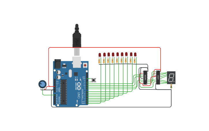 Circuit design one switch for 9 LED | Tinkercad