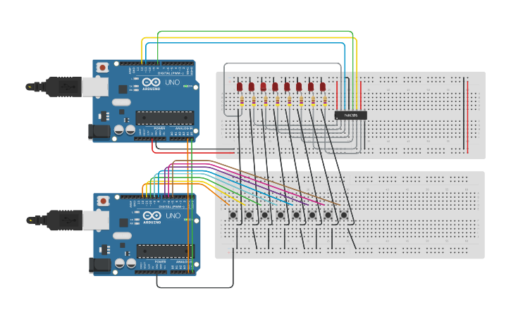 Circuit design ic2 leds met drukknop - Tinkercad