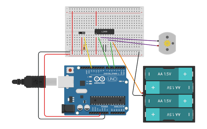 Circuit design C30: Motor+L293D+interruptor - Tinkercad